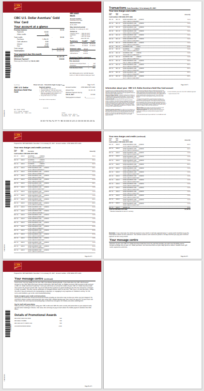 CIBC 银行金卡 Visa 卡对账单模板CIBC Bank Gold Card Visa Card Statement Template