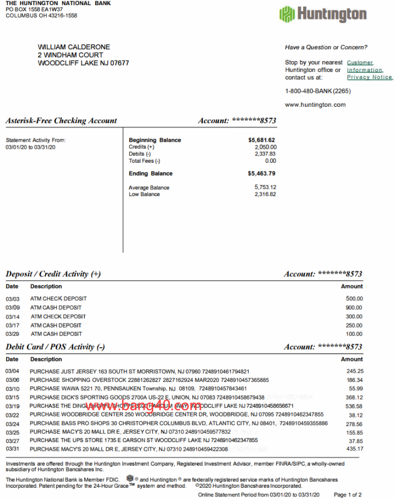 美国亨廷顿银行对账单PDF模板新版USA Huntington Bank Statement Template