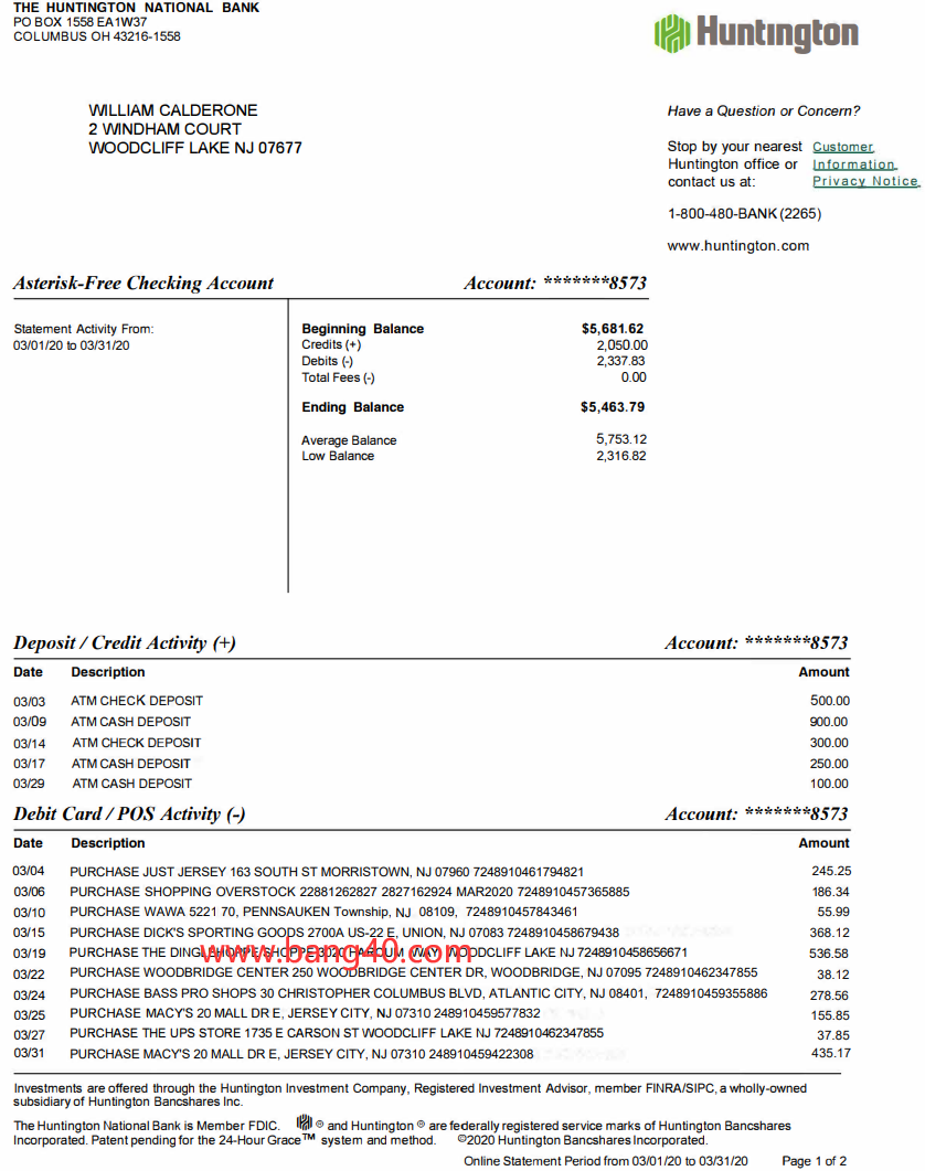 美国亨廷顿银行对账单PDF模板新版USA Huntington Bank Statement Template