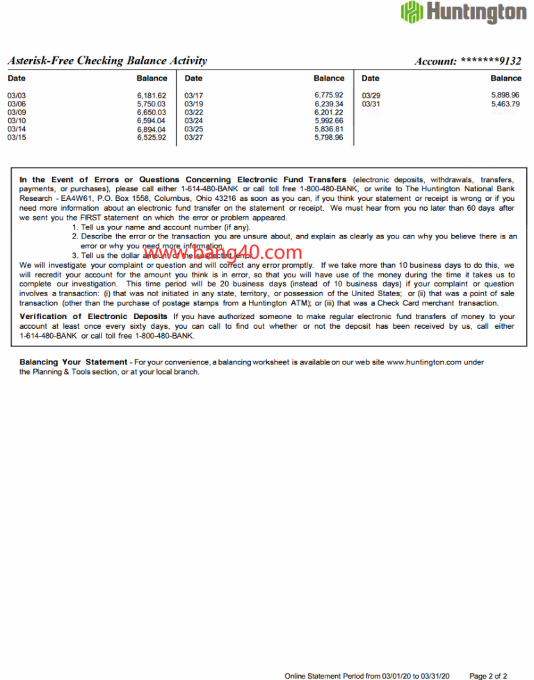 美国亨廷顿银行对账单PDF模板新版USA Huntington Bank Statement Template