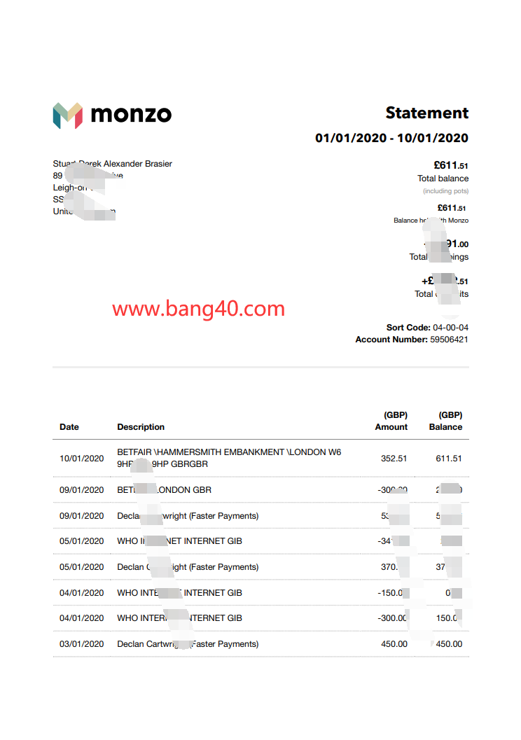Monzo 英国银行对账单完全可编辑模板
