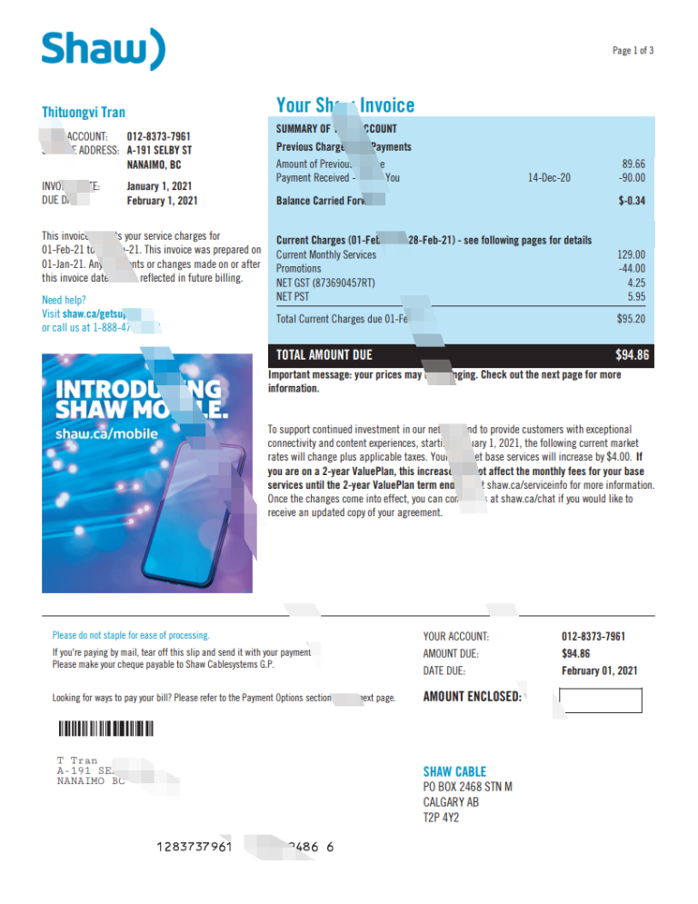 加拿大Shaw移动发票加拿大电话帐单模板