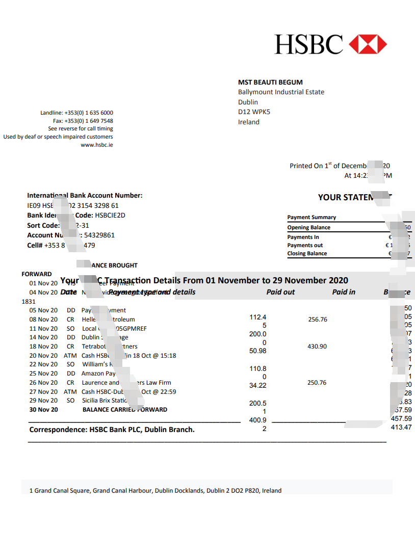 爱尔兰汇丰银行对账单模板