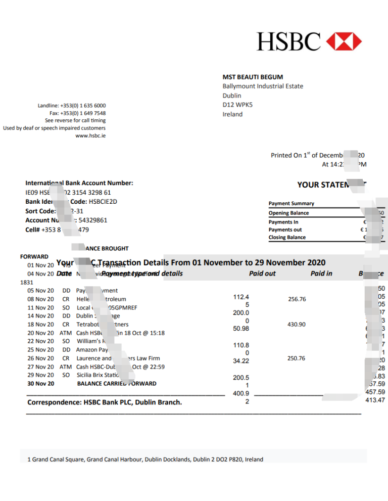 爱尔兰汇丰银行对账单模板