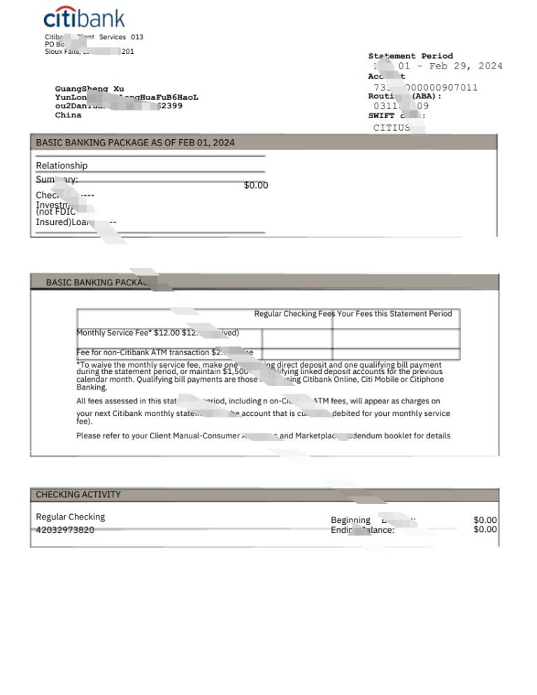 花旗银行对帐单 Word 和 PDF 模板 2024